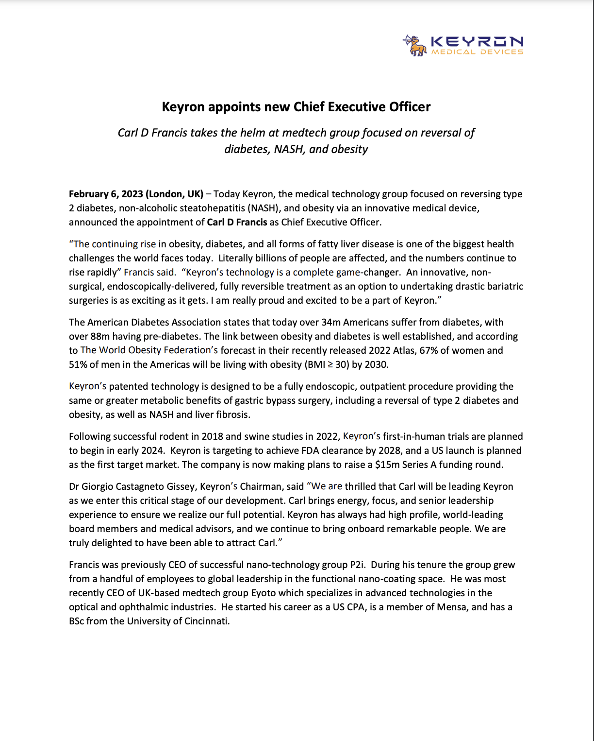 Keyron appoints Francis as new CEO - Keyron